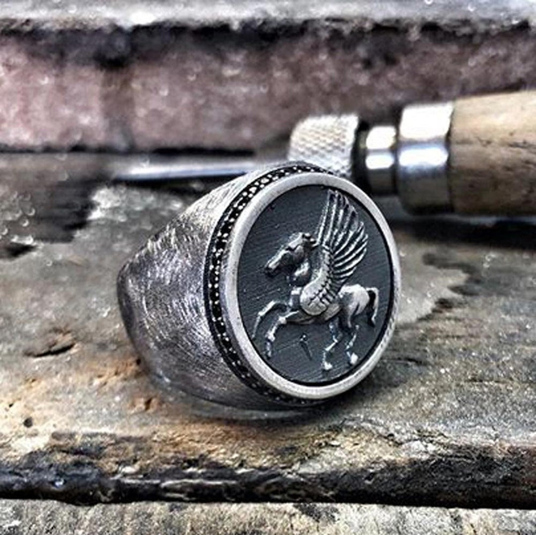 Silver Pegasus Ring With Zircon Stone Signet Hand Engraved - Etsy