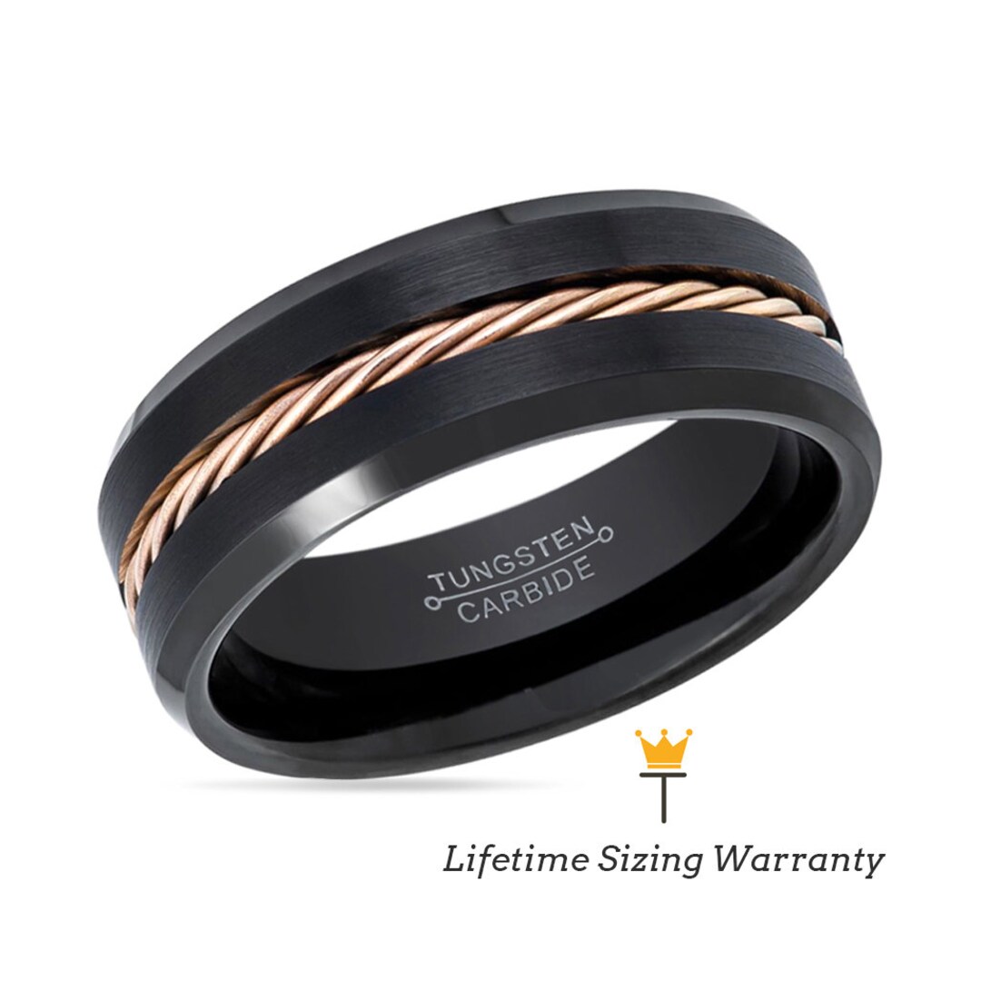 Tungsten Carbide Ring Rose Gold Rope | Black Tungsten Wedding Ring ...
