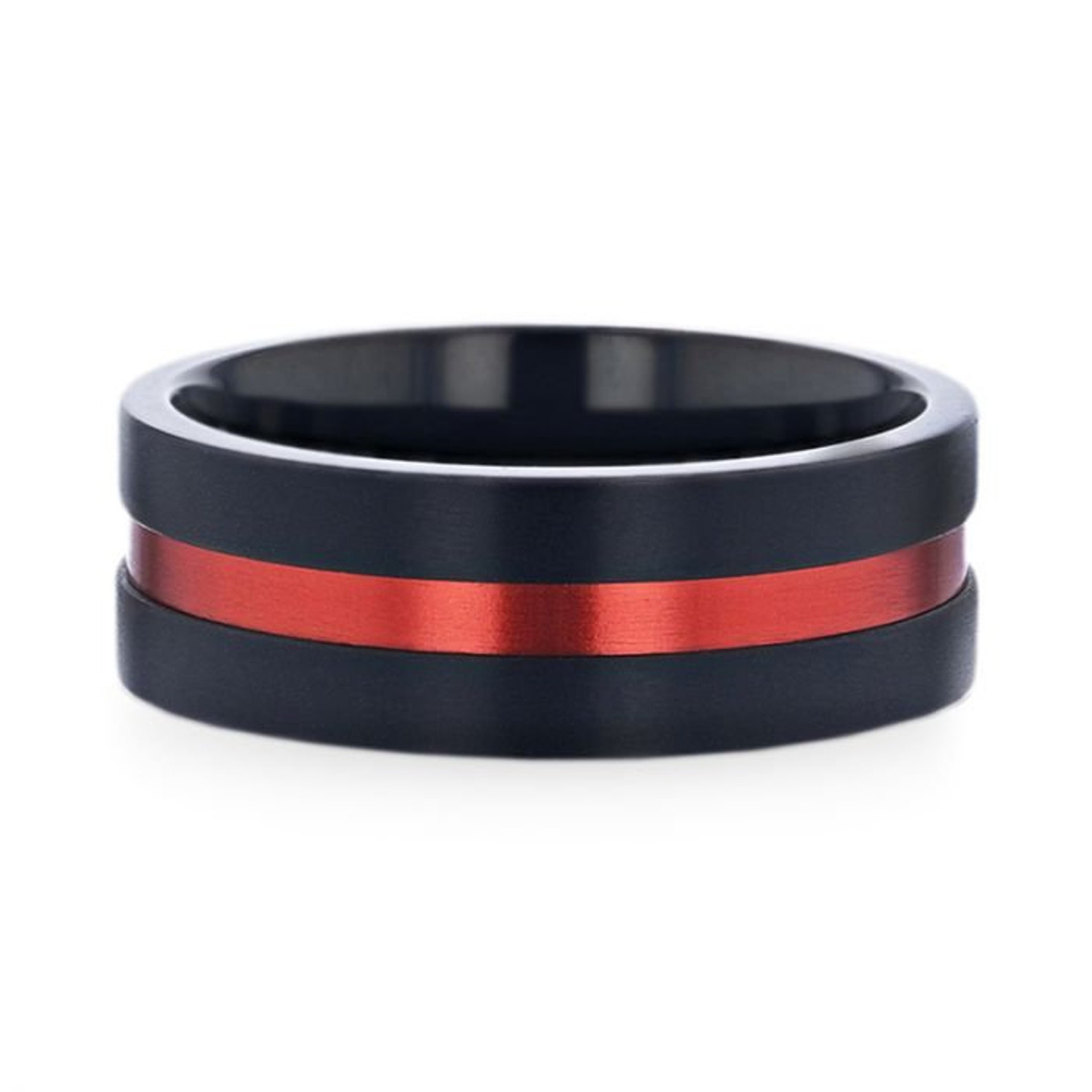Flat Brushed Black Titanium Mens Wedding Ring - Red Aluminum Groove ...