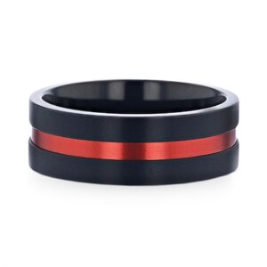 Flat Brushed Black Titanium Mens Wedding Ring - Red Aluminum Groove ...