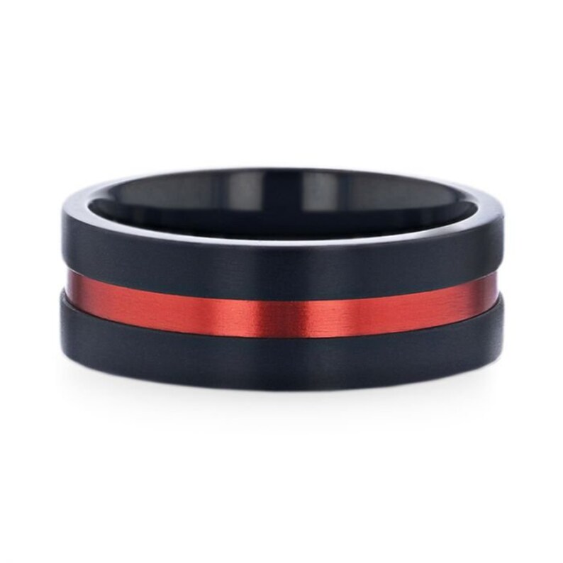 Flat Brushed Black Titanium Mens Wedding Ring - Red Aluminum Groove ...