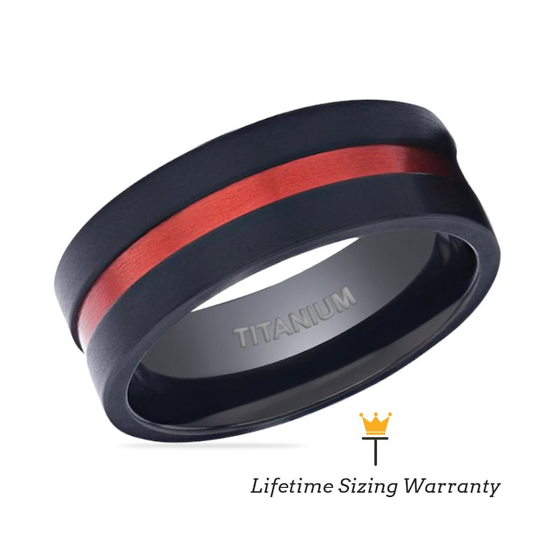 Flat Brushed Black Titanium Mens Wedding Ring - Red Aluminum Groove ...