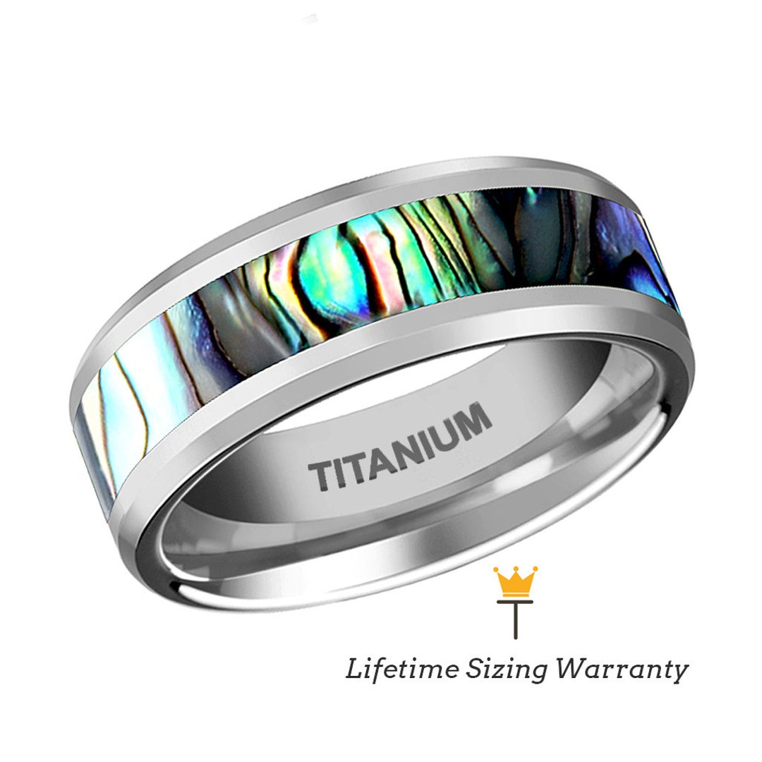 Titanium Polished Finish Mother of Pearl Inlaid Beveled Wedding Band, Engagement Anniversary ...