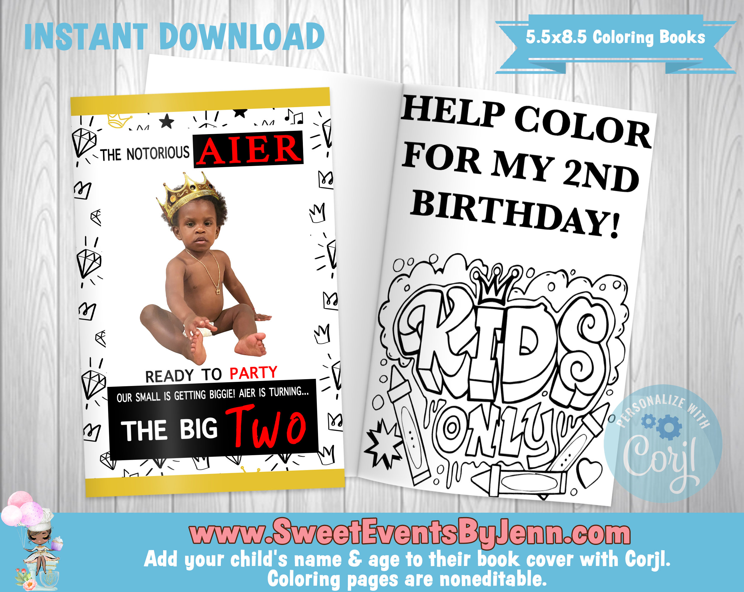 Notorious Big Two Coloring Book: Editable Birthday Party (digital ...