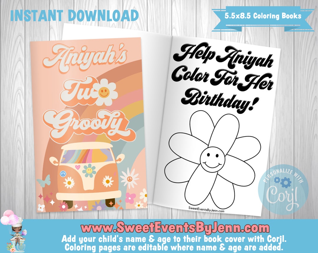 Two Groovy Birthday Coloring Book: Retro Hippie Theme (printable ...