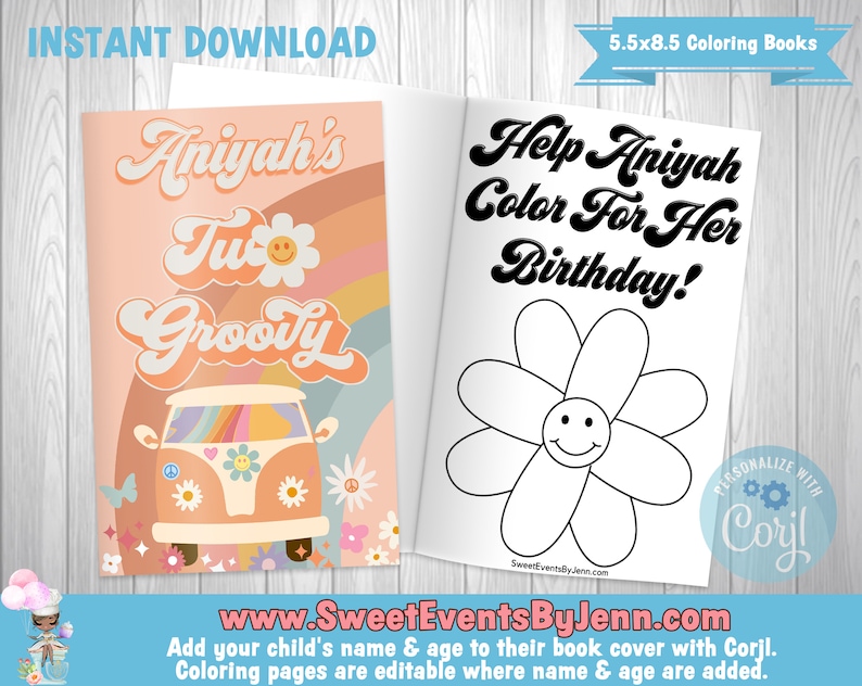 Two Groovy Birthday Coloring Book: Retro Hippie Theme (printable ...