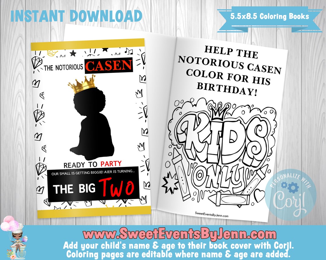 Notorious Big Two Coloring Book: Editable Birthday Party (digital ...