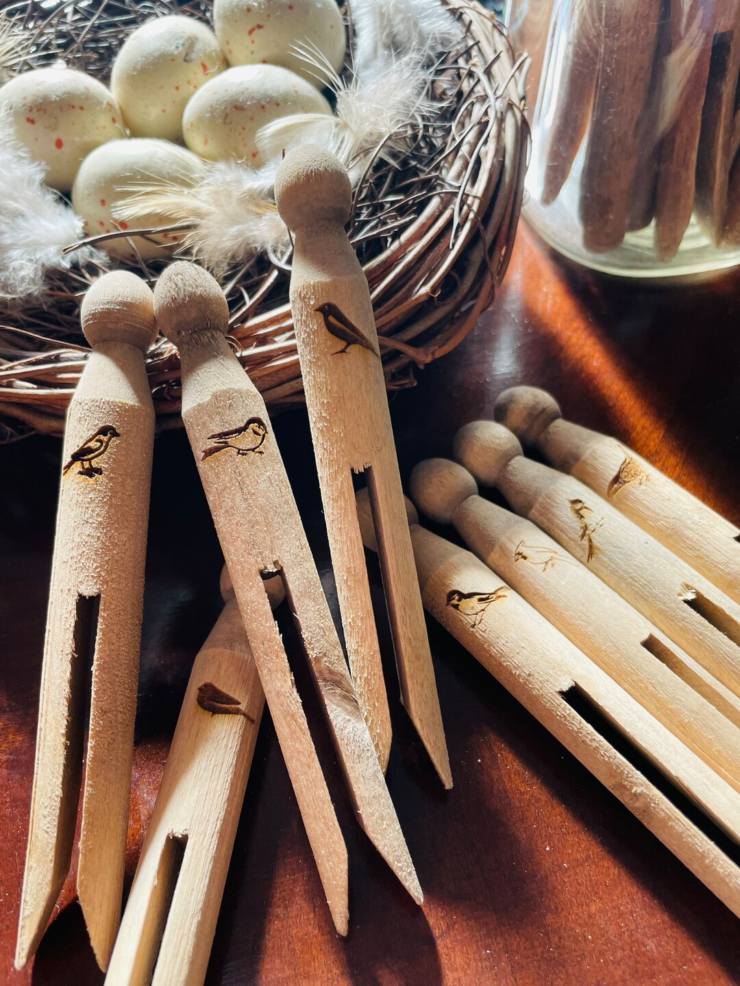 Vintage Inspired Clothespins, Set of 8, Engraved Birds, Old Clothespins ...