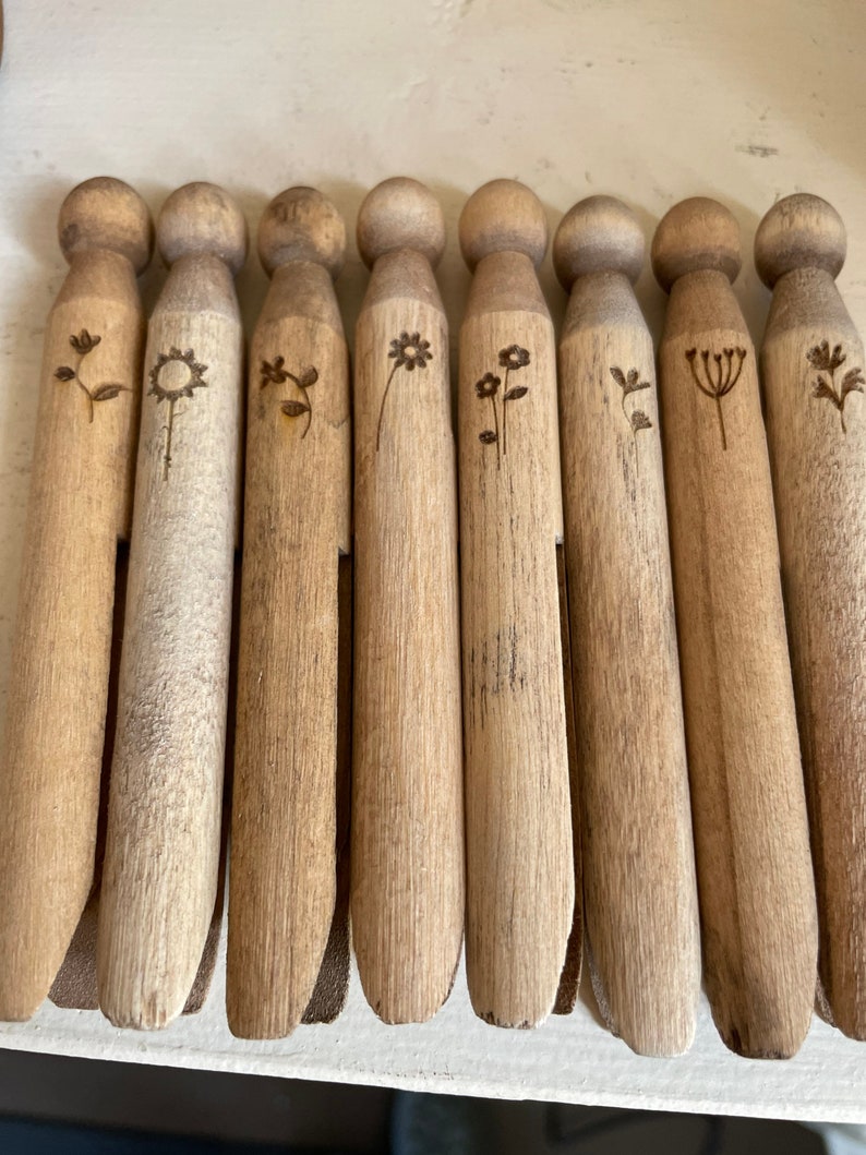 Floral Clothespins, Set of 8, Split Clothespins, Old Fashioned Wooden ...