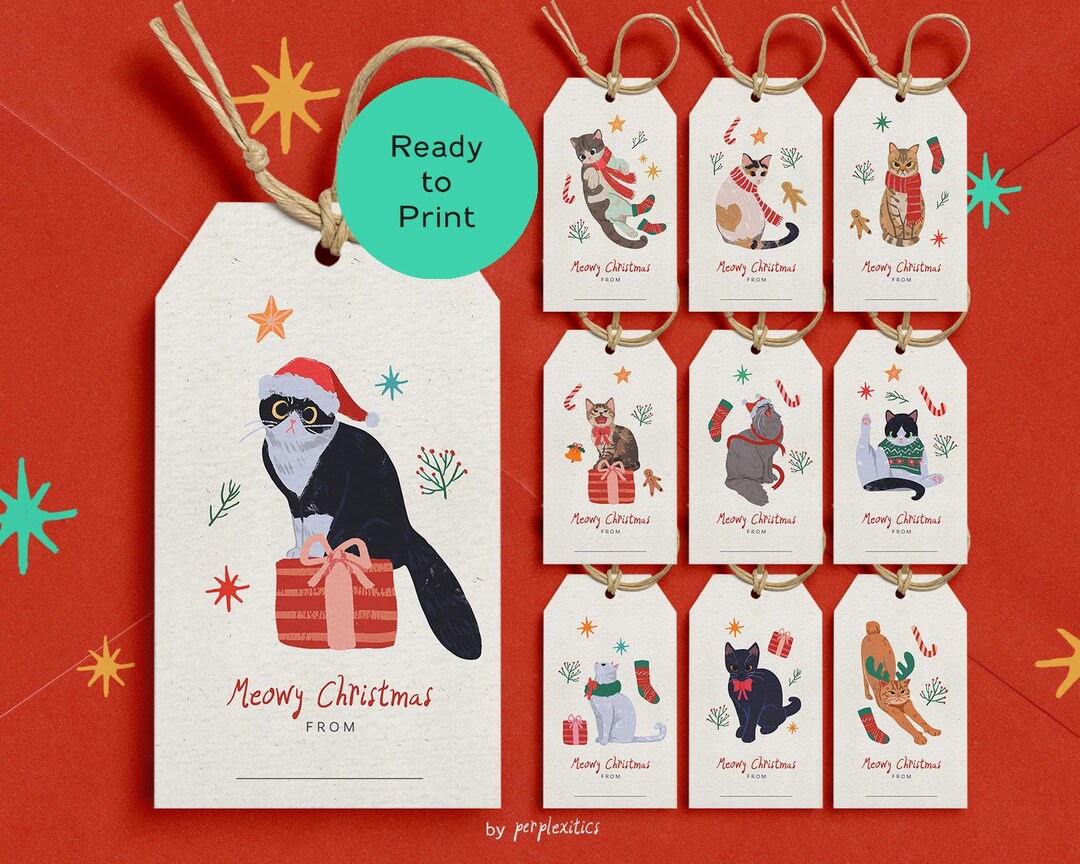 10 Christmas Cat Printable Gift Tags Whimsical Cat Christmas Gift Tag ...