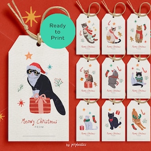 10 Christmas Cat Printable Gift Tags Whimsical Cat Christmas Gift Tag Merry Christmas Ready to ...