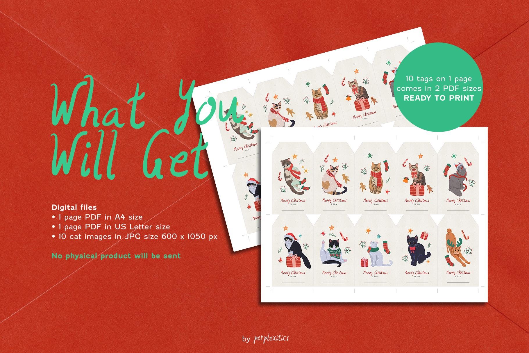 10 Christmas Cat Printable Gift Tags Whimsical Cat Christmas Gift Tag ...
