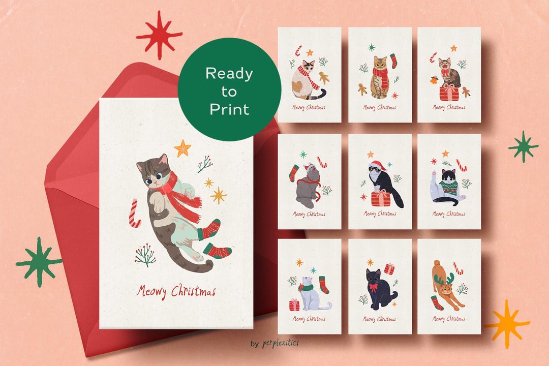 10 Printable Christmas Cat Greeting Card Festive Cat Holiday for Cat Lovers Merry Christmas - Etsy