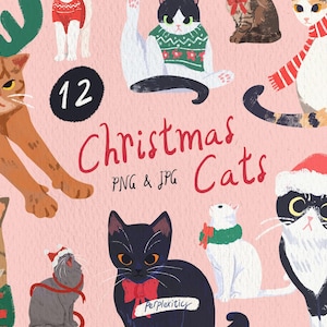 Cute Christmas Cats Clipart Bundle for Cat Lover 12 PNG & JPG Images ...
