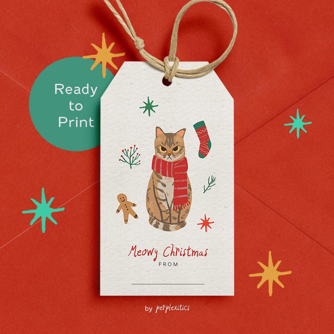 Christmas Cat Printable Gift Tags Whimsical Cat Christmas Gift Tag ...