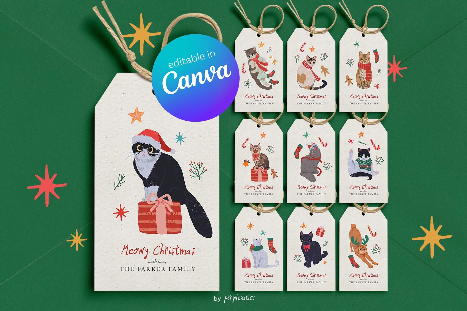 Editable Christmas Gift Tags Cat Christmas Gift Tags Set Merry ...