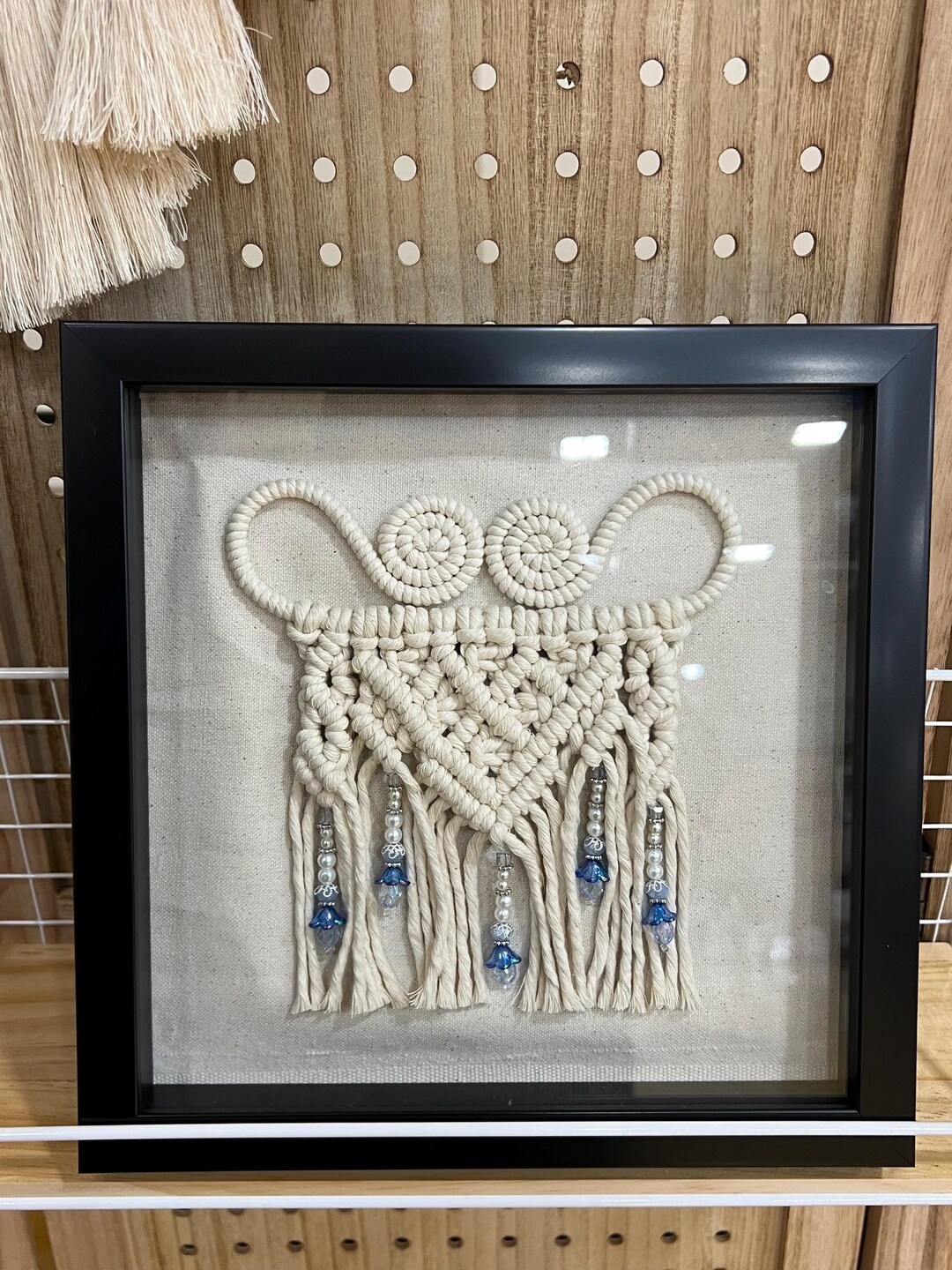 Hmong Mountain Phiaj Pendant / Hmong Decor / Shadow Box Frame / Blue-silver-white Beads and ...