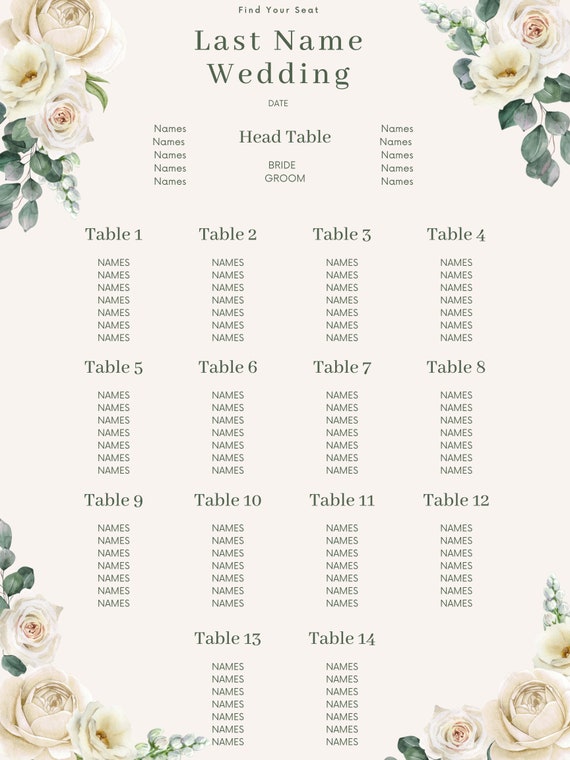 EDITABLE Seating Chart Template Editable Downloadable | Etsy