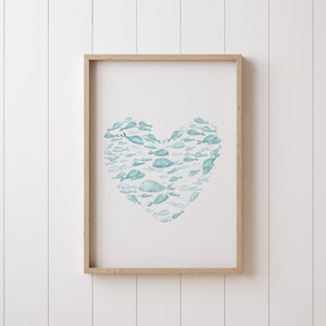 Fish Heart Art Turquoise Watercolor Print for Nautical Nursery or Beach ...