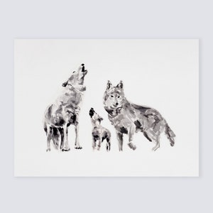 Wolf Family of 3 (two Big and One Small) Woodland Animal Watercolor Art ...