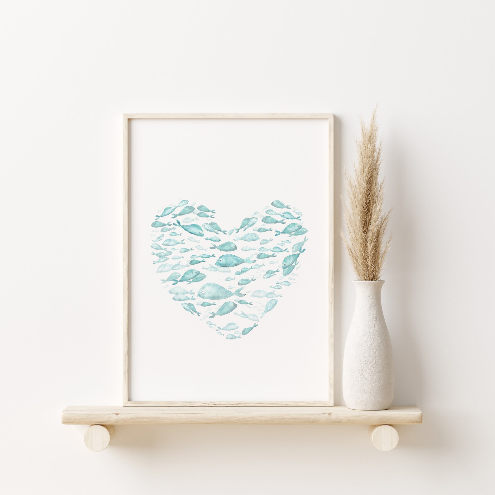 Fish Heart Art Turquoise Watercolor Print for Nautical Nursery or Beach ...