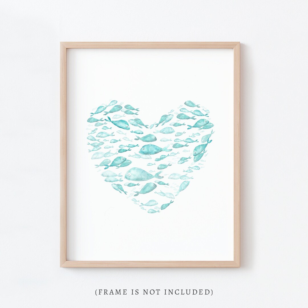 Fish Heart Art Turquoise Watercolor Print for Nautical Nursery or Beach ...
