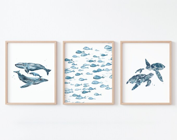 Ocean Animals Watercolor Painting 3 Print Set for Under the Sea Nursery ...