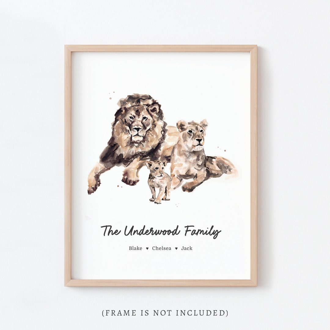 Custom Lion Family Watercolor Art Print Personalized Mother's Day Gift ...