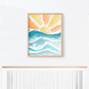 Sun on the Waves Colorful Watercolor Art Print for Ocean Nursery or ...