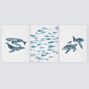Ocean Animals Watercolor Painting 3 Print Set for Under the Sea Nursery ...