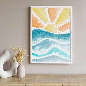 Sun on Waves Watercolor Art Print - Whimsical Beach Nursery Decor - Etsy