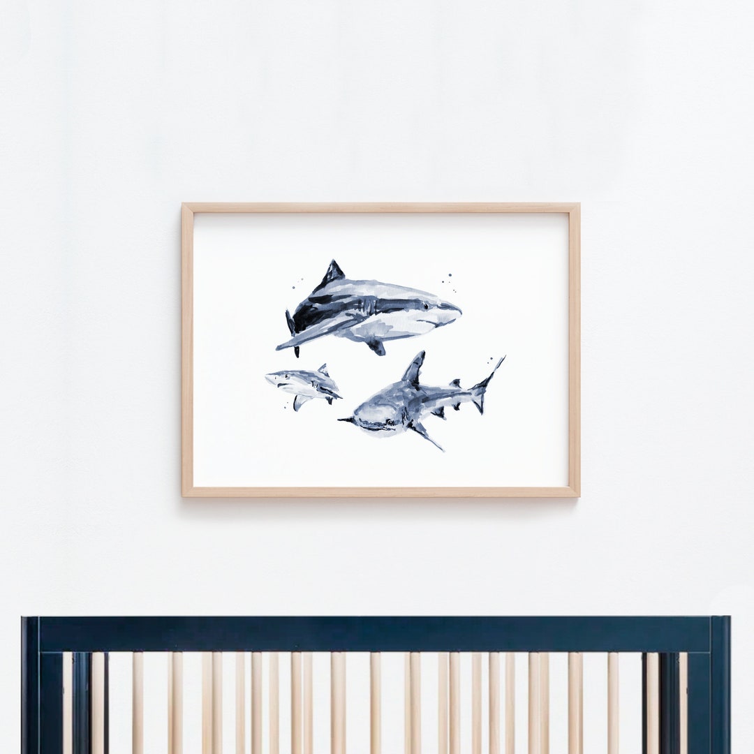 Sharks Watercolor Art Print With Customizable Family Size for Nautical ...
