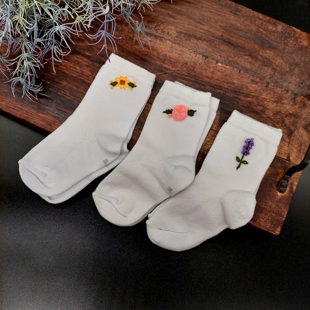 Floral Embroidered White Baby Socks, Set of 3 Cotton Socks, Gift for ...