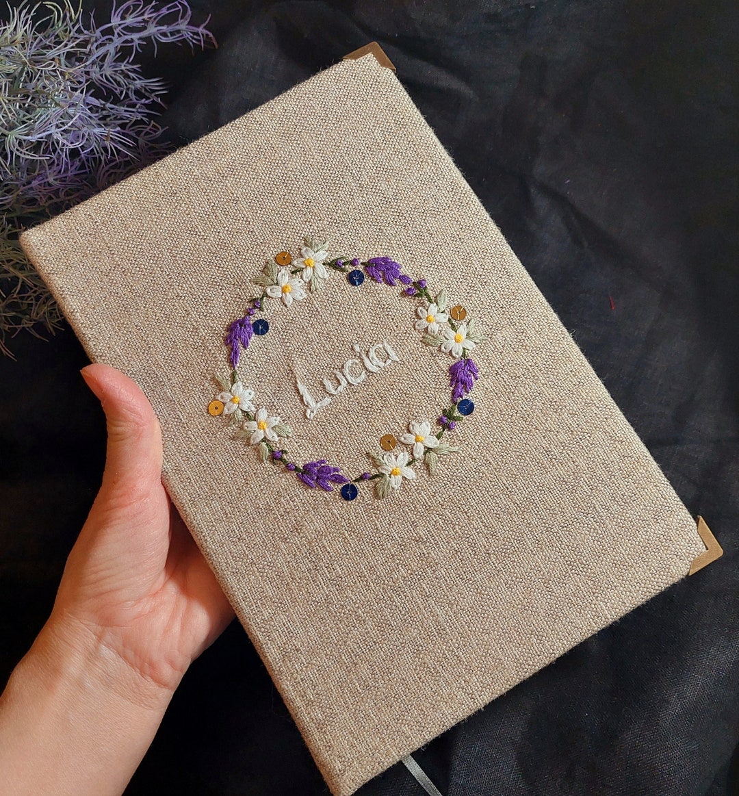 Personalized Floral Embroidered Journal, Handmade Linen Notebook - Etsy
