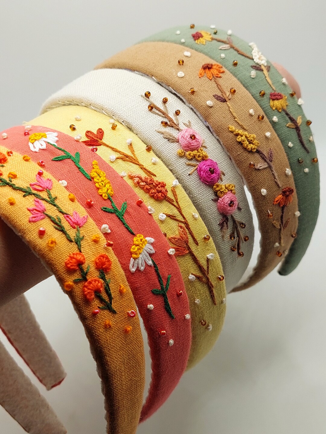 Floral Embroidered Linen Headband: Beaded Boho Hair Accessory - Etsy
