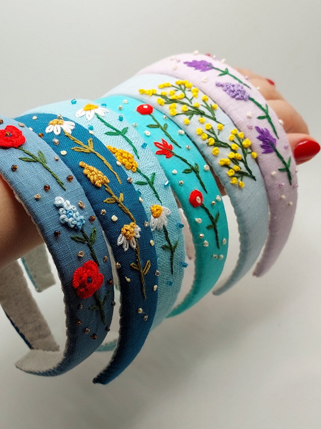 Floral Embroidered Linen Headband, Flower and Bead Embroidered Hairband ...