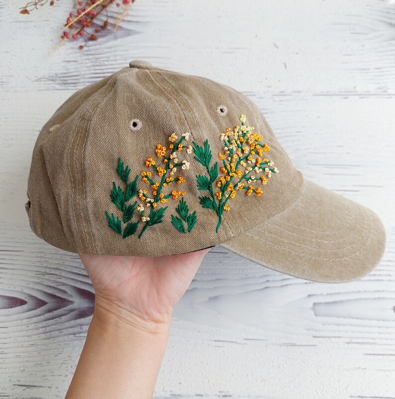 Hand Embroidered Floral Hat, Baseball Denim Cap With Mimosa Flower ...