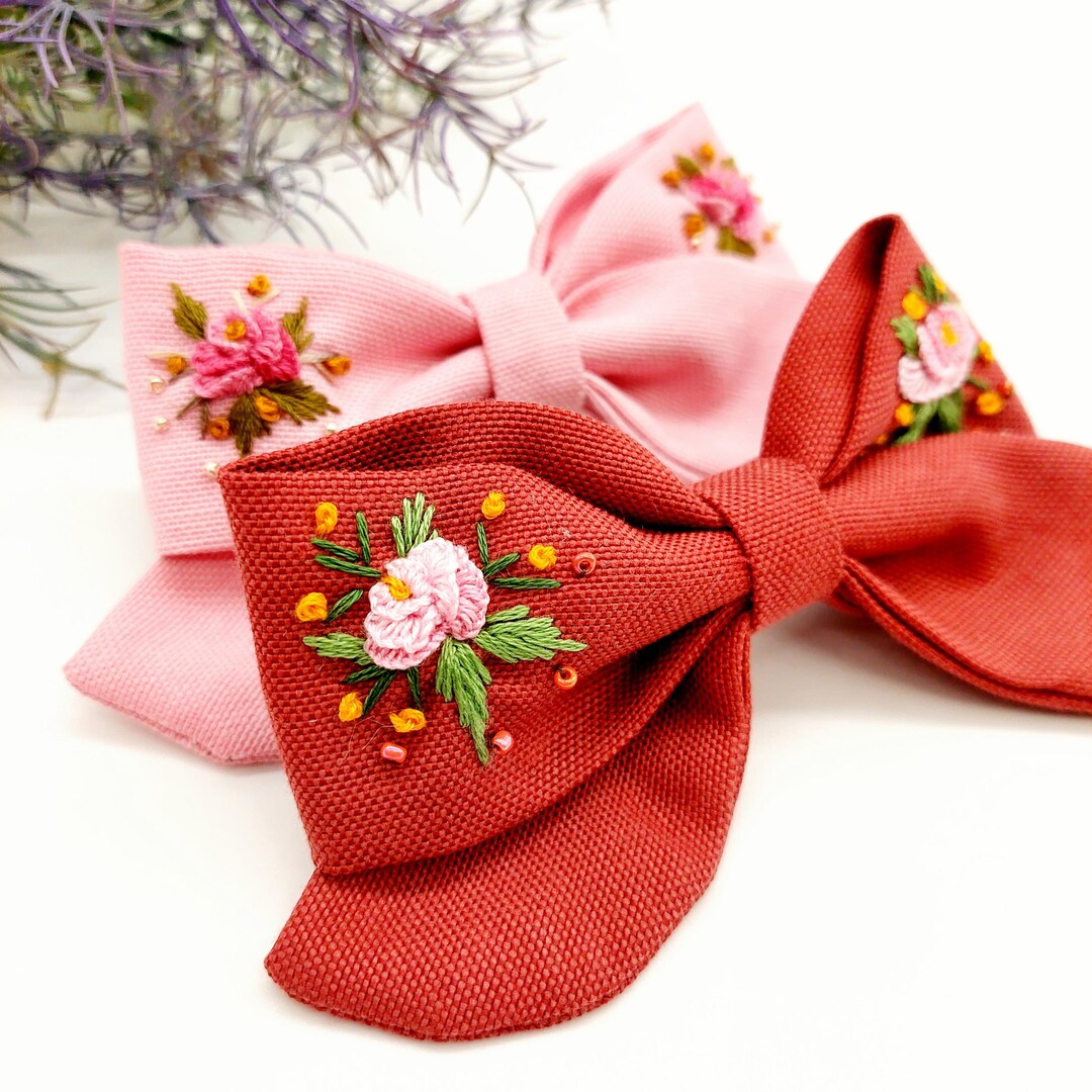 Hand Embroidered Hair Bow, Floral Bow Barette, Handmade Linen Hair Clip ...