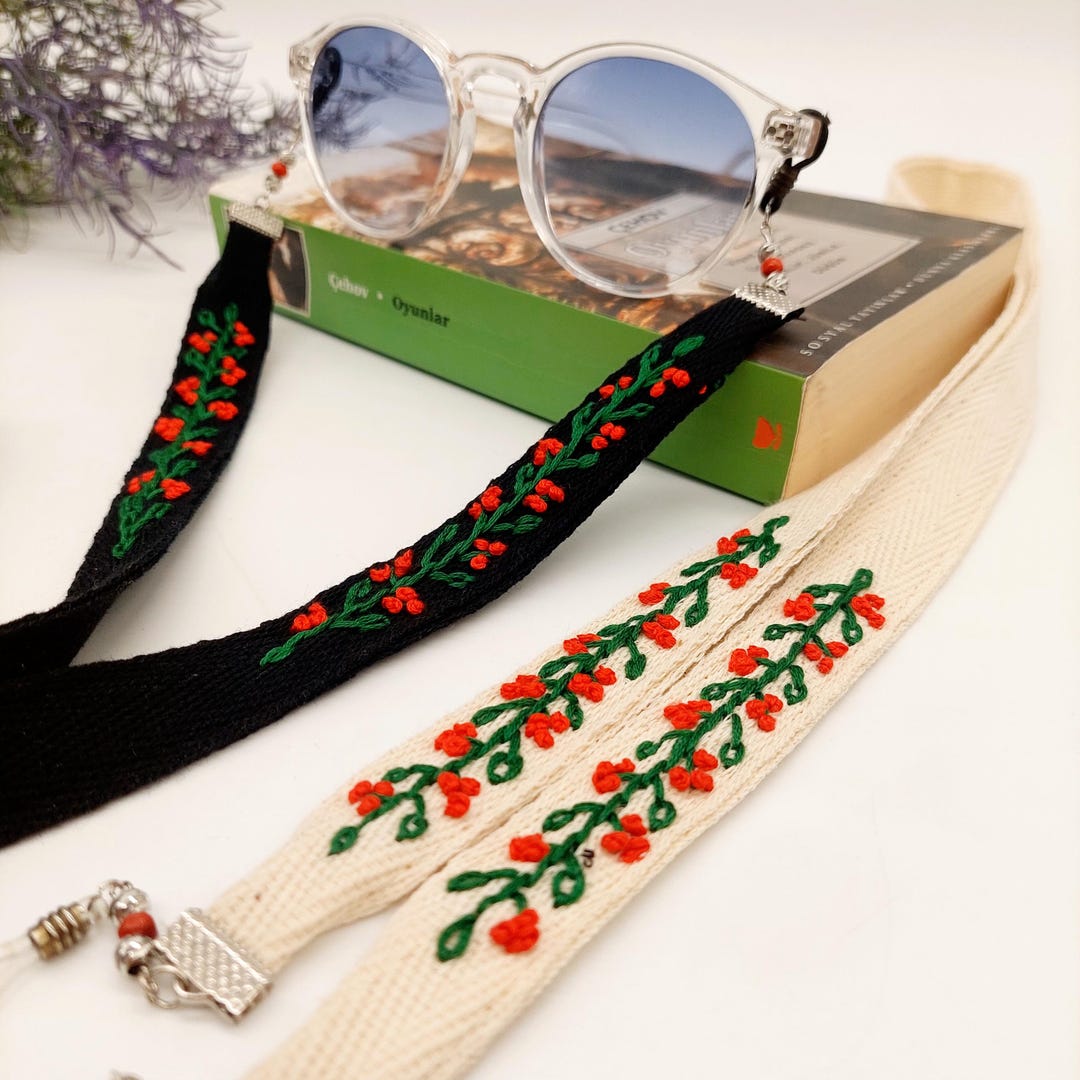 Eyeglass Holder Strings, Hand Embroidered Cotton Glasses Chain, Floral ...