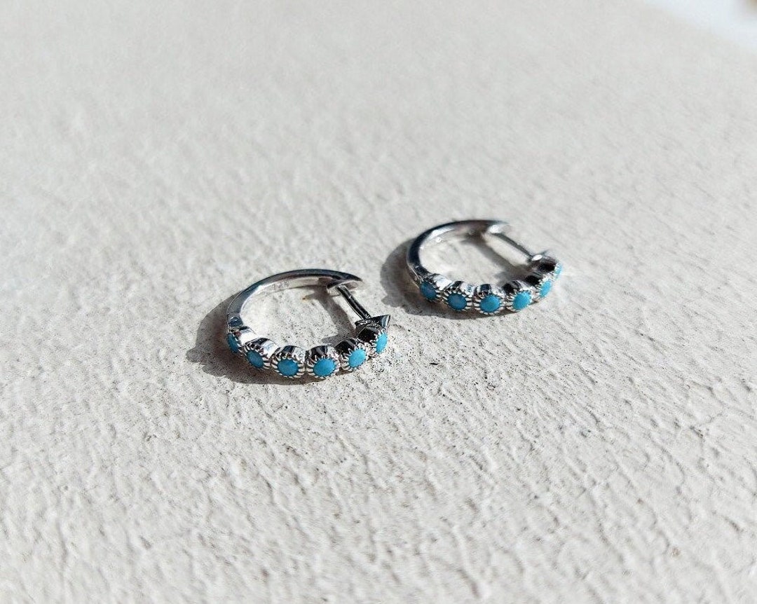 Turquoise Hoop Earrings, Turquoise Huggie Earrings, 925 Sterling Silver Huggie, Dainty Hoop ...