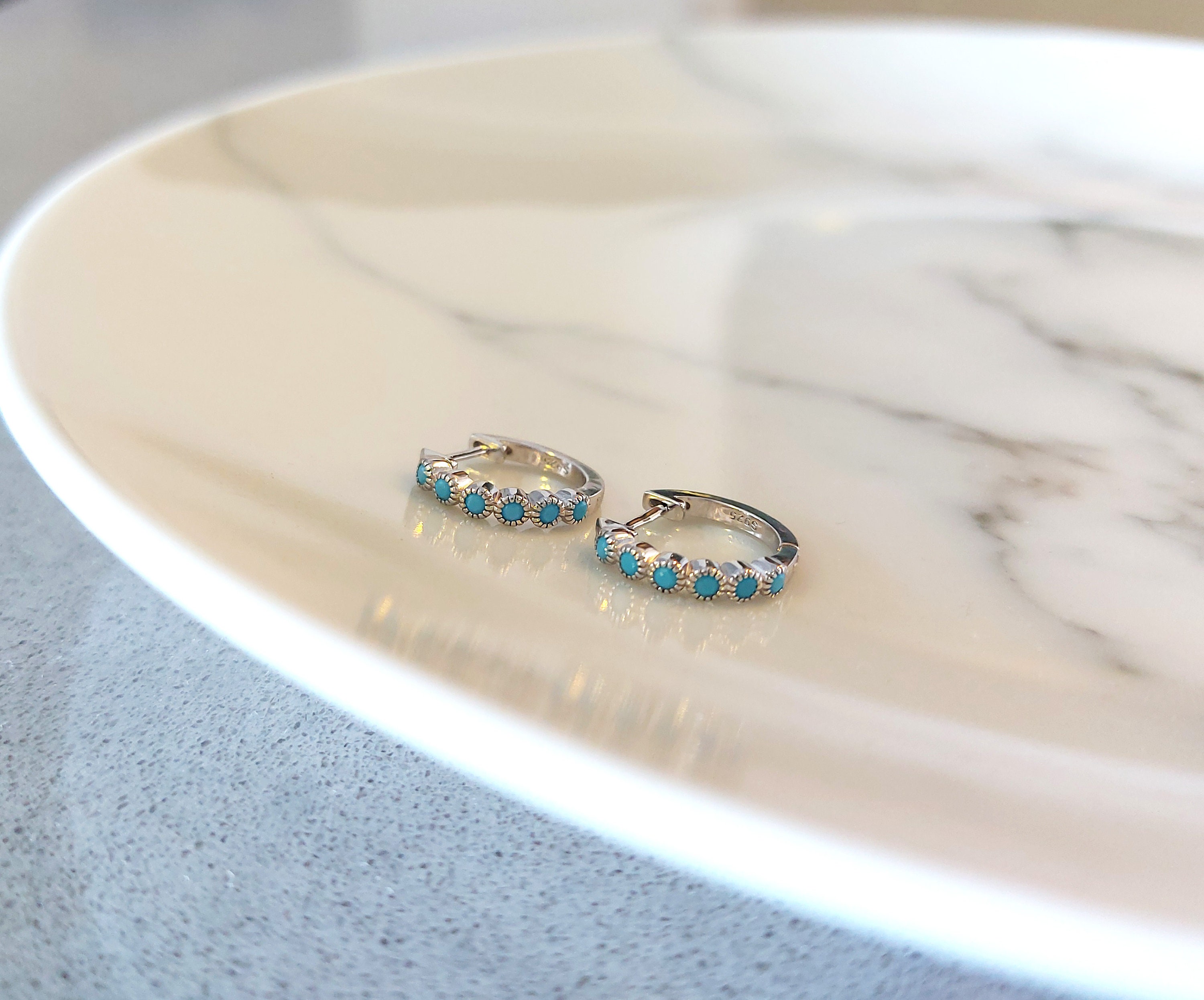Turquoise Hoop Earrings Turquoise Huggie Earrings 925 - Etsy
