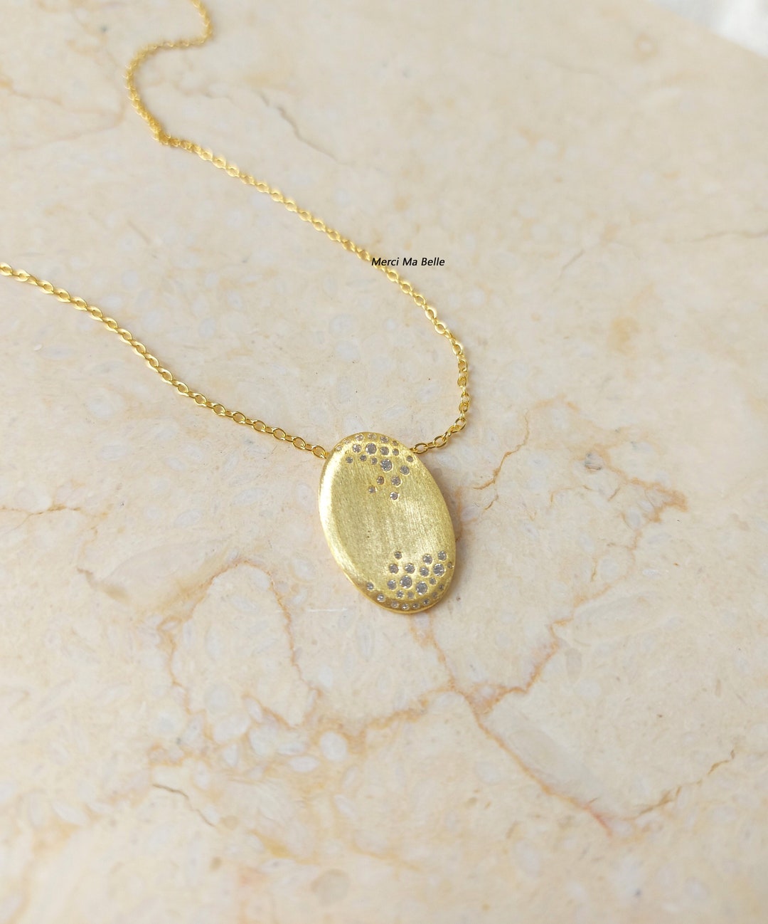 Matte Gold Oval Pendant Necklace / Brushed Gold Coin Pendant Necklace ...