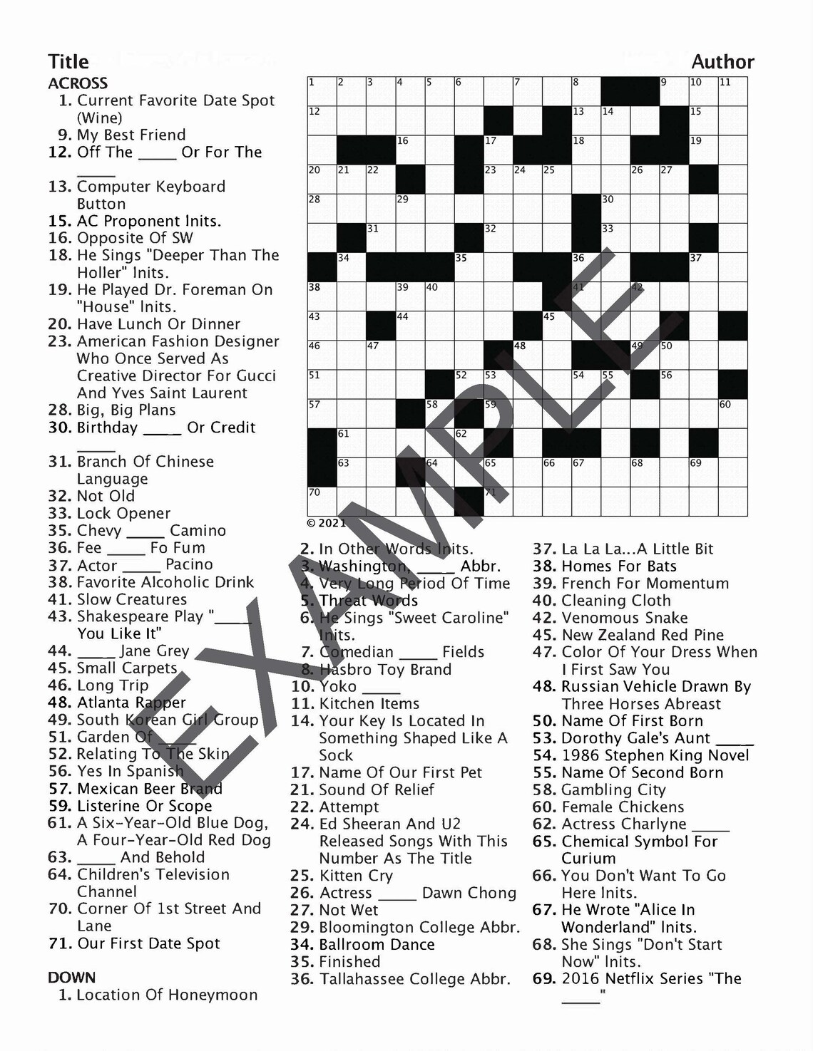 Custom Crossword Puzzle 15x15 - Etsy