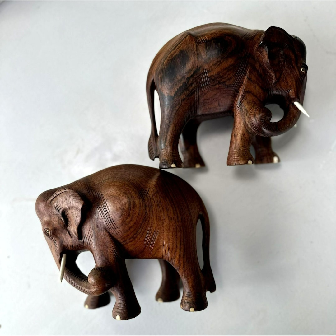 VTG Hand-carved Solid Wood Elephant Figurines Set of 2 Collectibles ...