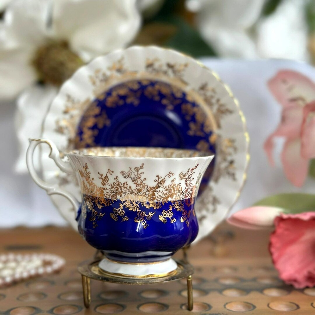 Royal Albert Bone China Teacup & Saucer, Cobalt Blue Gold Floral Design ...
