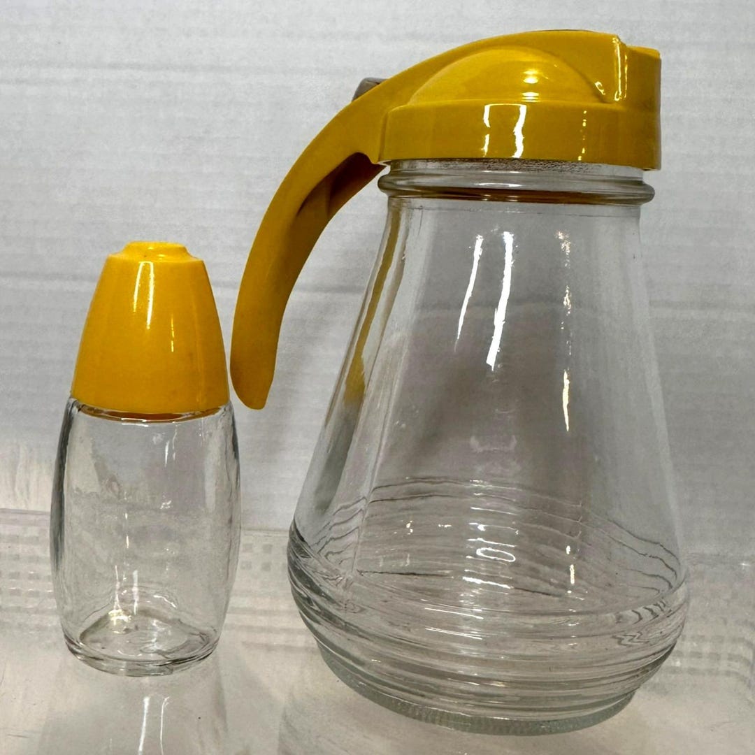Vintage Glass Syrup Dispenser & Sugar Shaker Set With Yellow Lids for ...