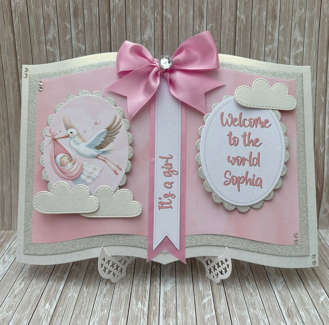 Handmade New Baby Girl Storybook Card: Stork & Gift Box - Etsy
