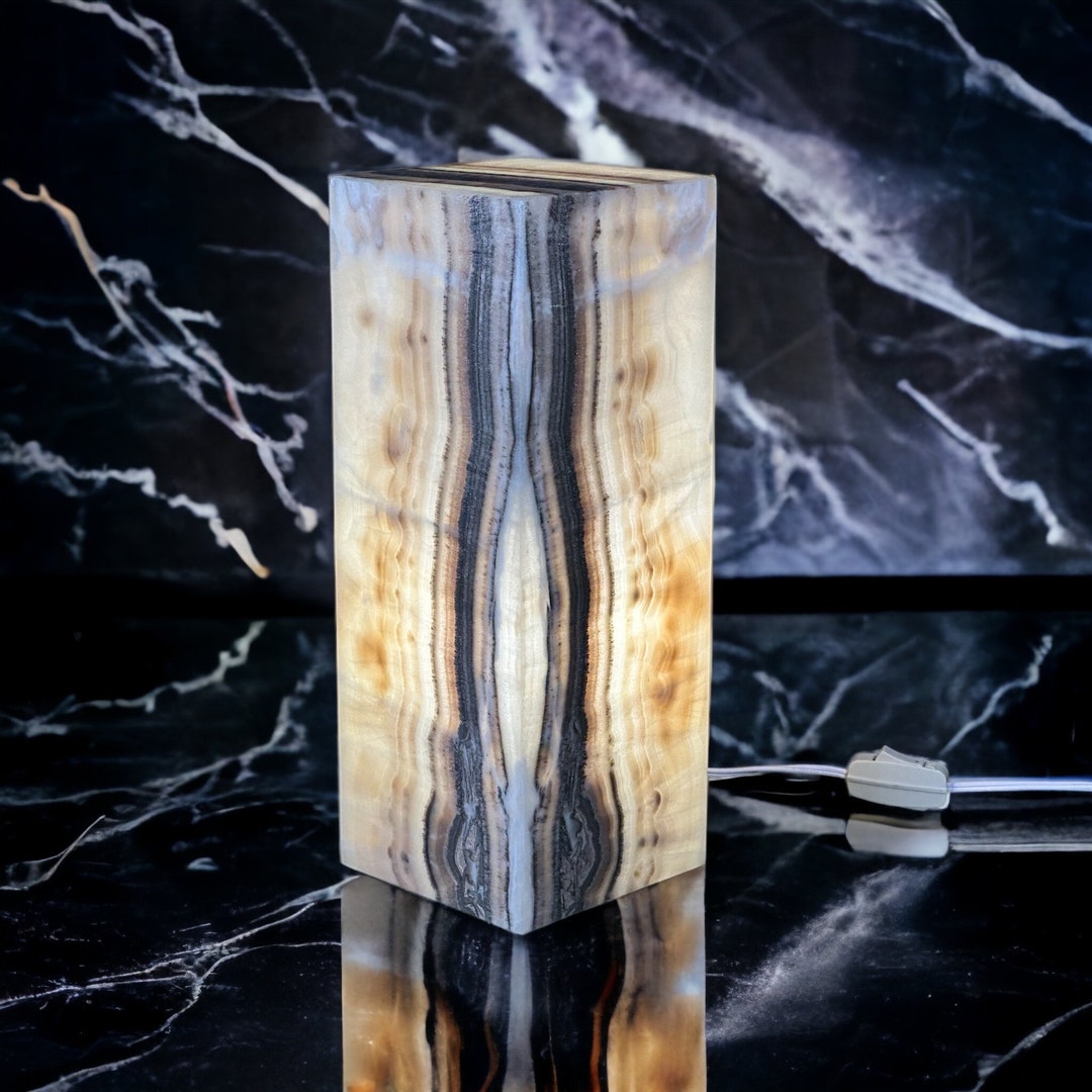 White & Black Patterned Onyx Lamp - Natural Stone - Vertical Banded ...