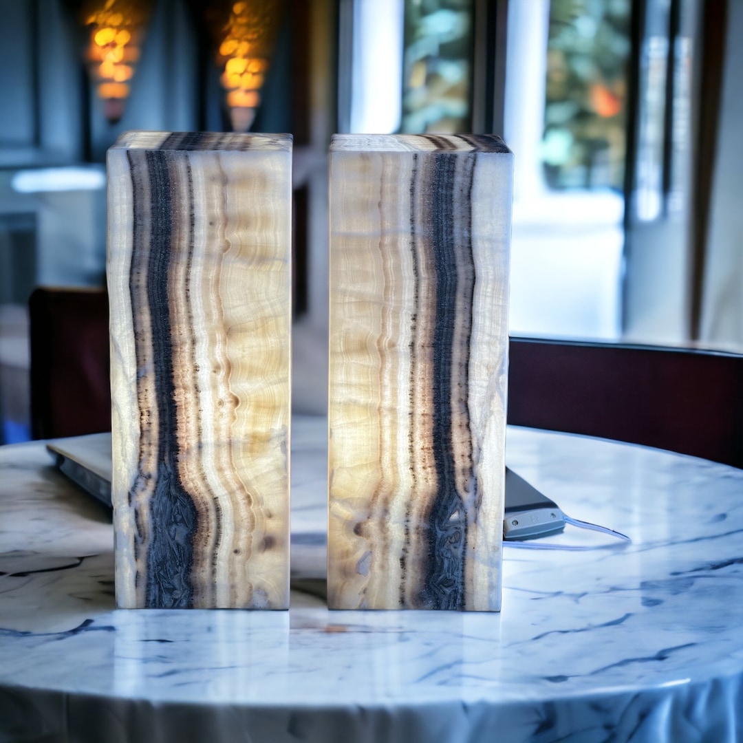 Black Banded Onyx Lamp Set | Genuine Square Banded Onyx Table Lamp ...
