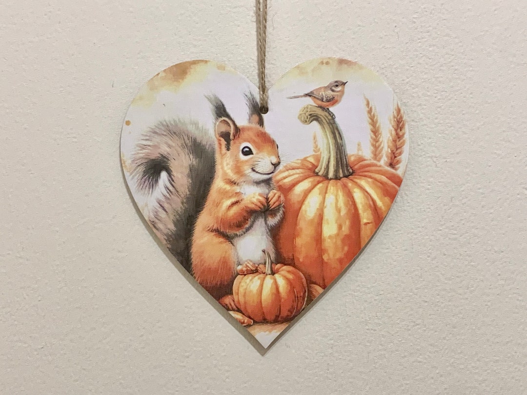 Squirrel and Pumpkin Decoupaged Wooden Heart Plaque / Autumn Decor ...